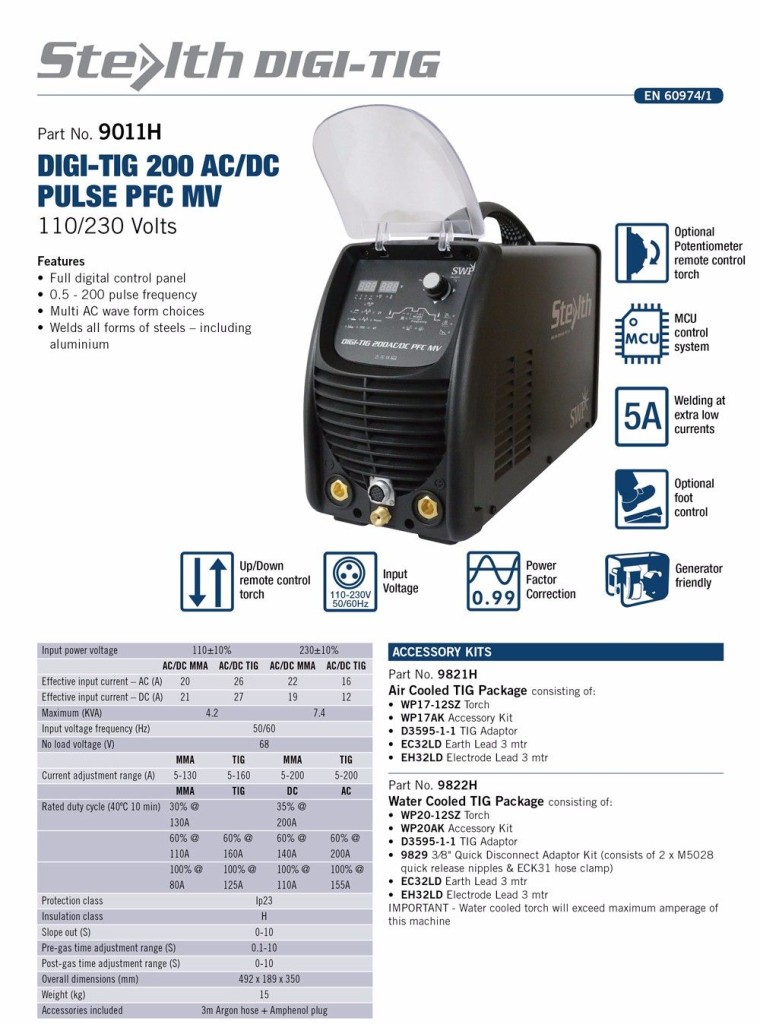 Stealth Digi-Tig 200Pd Ac Dc Tig Welder 200A Single Phase c/w Reg ...